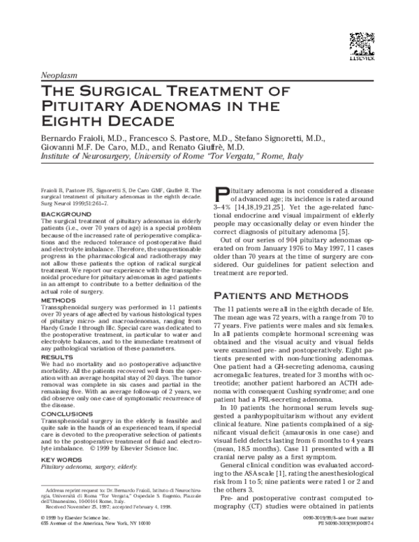 (PDF) The surgical treatment of pituitary adenomas in the eighth decade