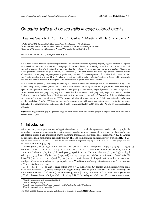 (PDF) On paths, trails and closed trails in edge-colored graphs