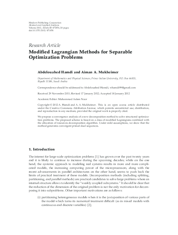 (PDF) Modified Lagrangian Methods for Separable Optimization Problems