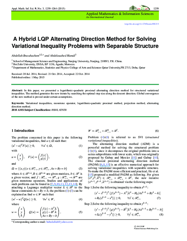 Pdf A Hybrid Lqp Alternating Direction Method For Solving Variational Inequality Problems With 