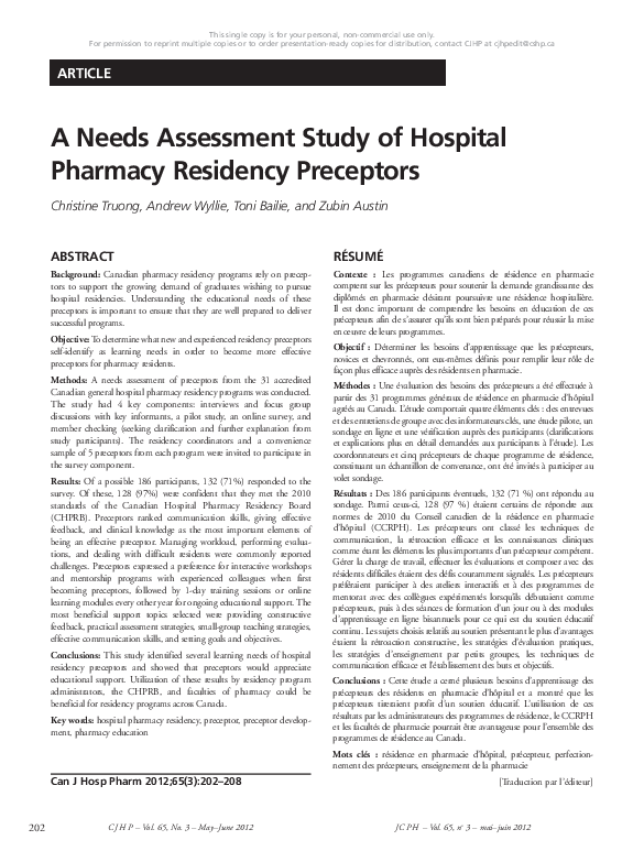 (PDF) A Needs Assessment Study of Hospital Pharmacy Residency Preceptors