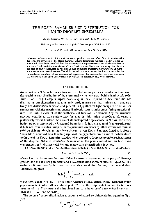 (PDF) The rosin—rammler size distribution for liquid droplet ensembles