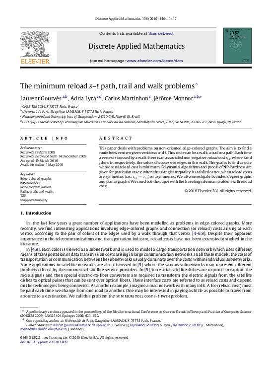 (PDF) The minimum reload st path, trail and walk problems