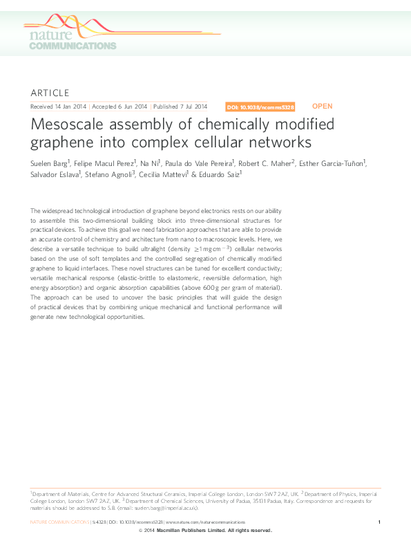 (PDF) Mesoscale assembly of chemically modified graphene into complex cellular networks