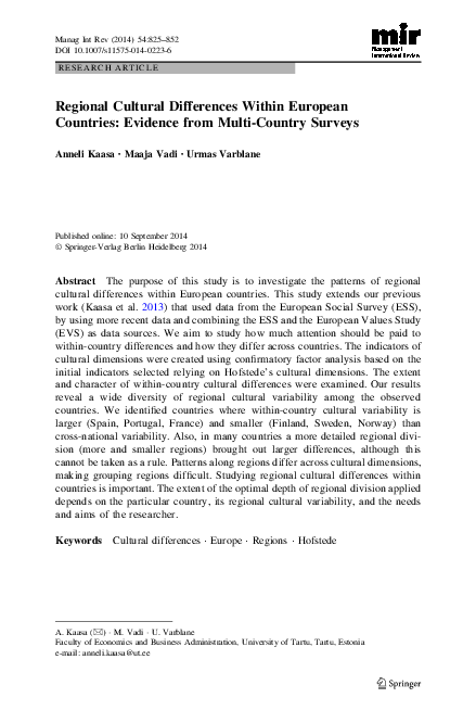 (PDF) Regional Cultural Differences Within European Countries: Evidence ...