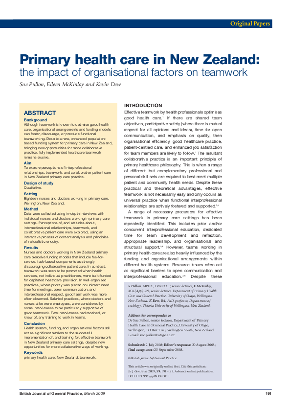 (PDF) Primary health care in New Zealand: the impact of organisational ...