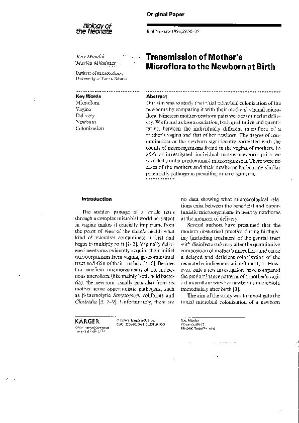 (PDF) Transmission of Mother’s Microflora to the Newborn at Birth