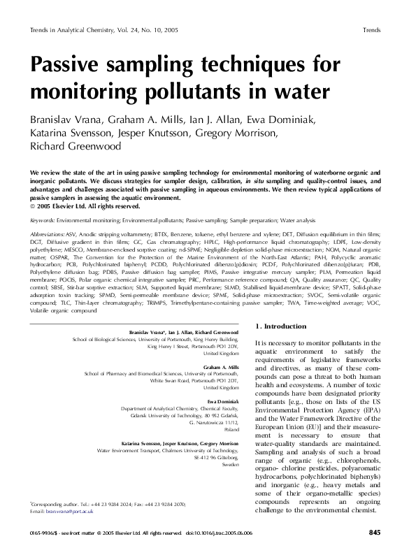 (PDF) Passive sampling techniques for monitoring pollutants in water