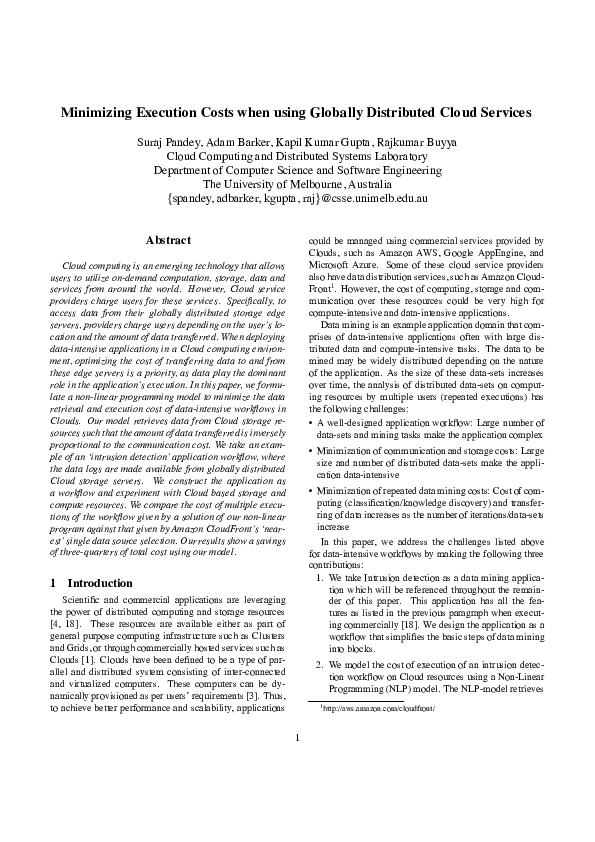 Pdf Minimizing Execution Costs When Using Globally Distributed Cloud Services