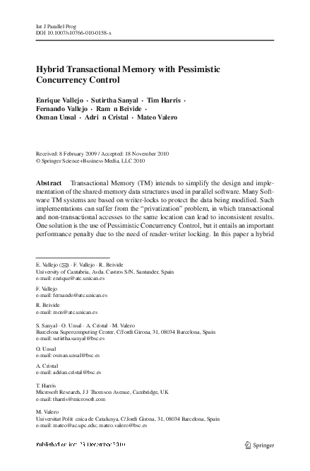 Pdf Hybrid Transactional Memory With Pessimistic Concurrency Control