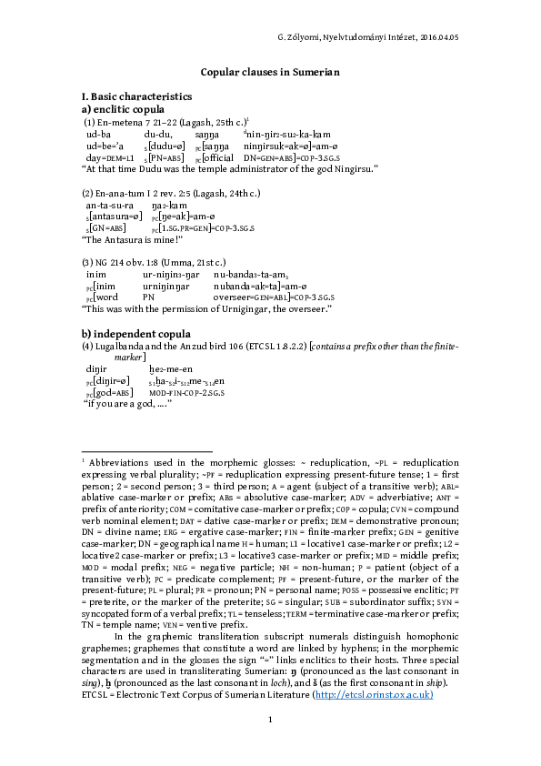 (PDF) Copular clauses in Sumerian (handout)