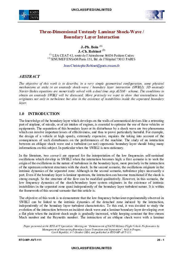 (PDF) Three-dimensional unsteady laminar shock-wave/boundary layer interaction