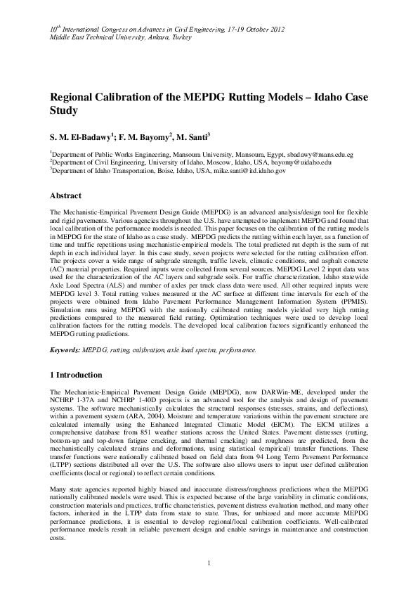 (PDF) Regional Calibration of the MEPDG Rutting Models – Idaho Case Study