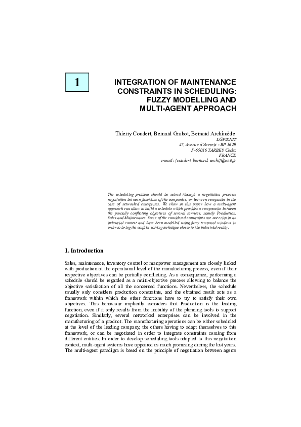 (DOC) Integration of maintenance constraints in scheduling: Fuzzy modelling and multi-agent approach