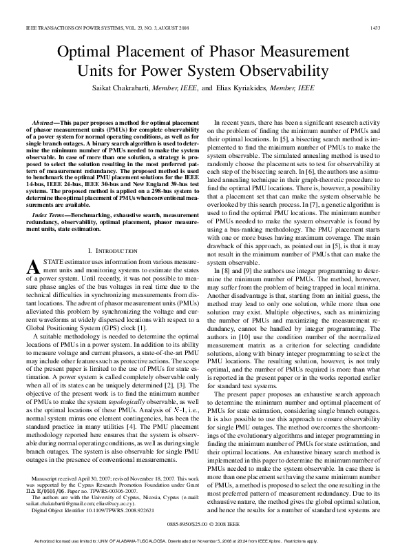 Pdf Optimal Placement Of Phasor Measurement Units Using Particle Swarm Optimization
