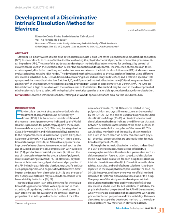 Pdf Development Of A Discriminative Intrinsic Dissolution Method For Efavirenz