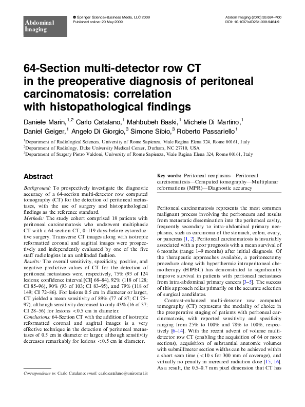 Pdf 64 Section Multi Detector Row Ct In The Preoperative Diagnosis Of Peritoneal