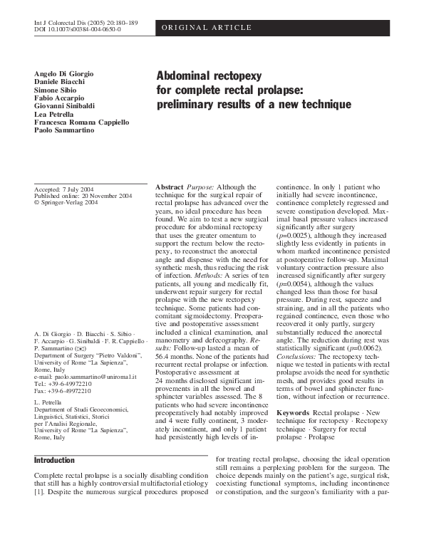 (PDF) Abdominal rectopexy for complete rectal prolapse: preliminary ...