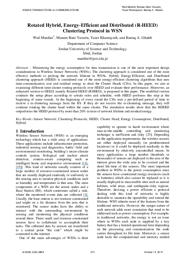 Pdf Rotated Hybrid Energy Efficient And Distributed R Heed Clustering Protocol In Wsn