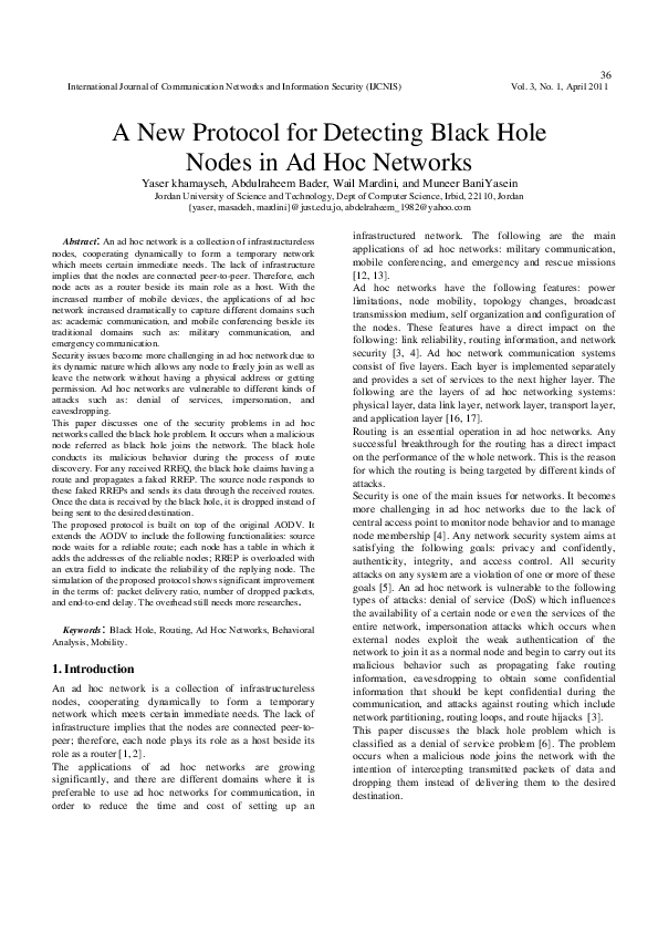 Pdf A New Protocol For Detecting Black Hole Nodes In Ad Hoc Networks