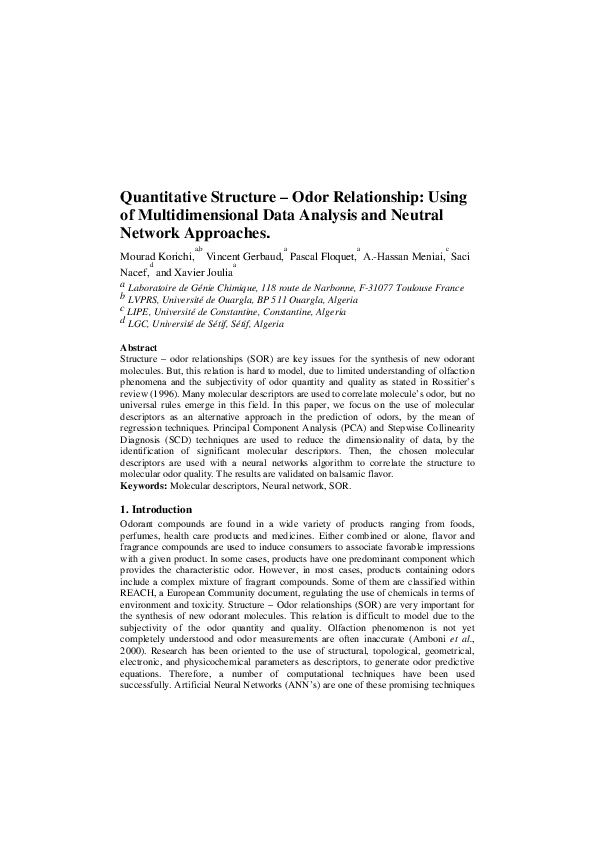 (PDF) Quantitative structure—Odor relationship: Using of multidimensional data analysis and ...