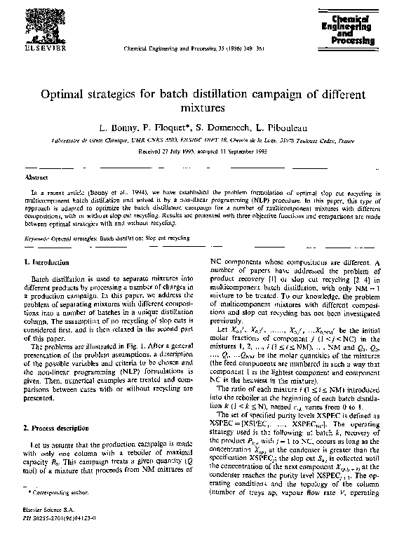 (PDF) Optimal strategies for batch distillation campaign of different mixtures
