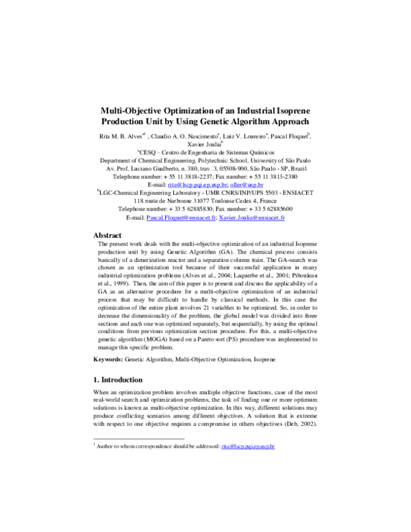 (PDF) Multi-objective optimization of an industrial isoprene production unit by using genetic ...