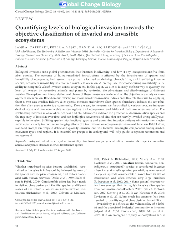 (PDF) Quantifying levels of biological invasion: towards the objective classification of invaded ...