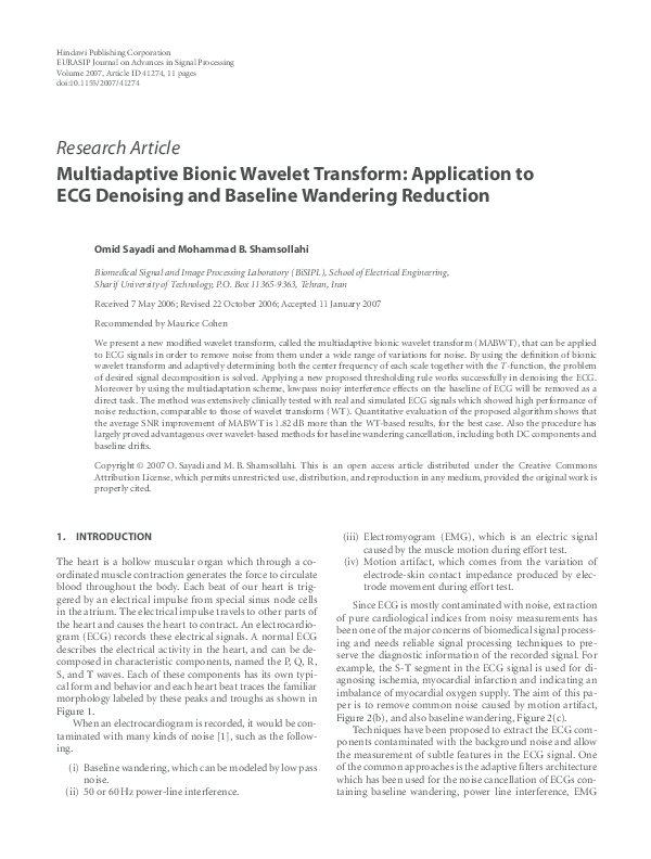Pdf Multiadaptive Bionic Wavelet Transform Application To Ecg Denoising And Baseline