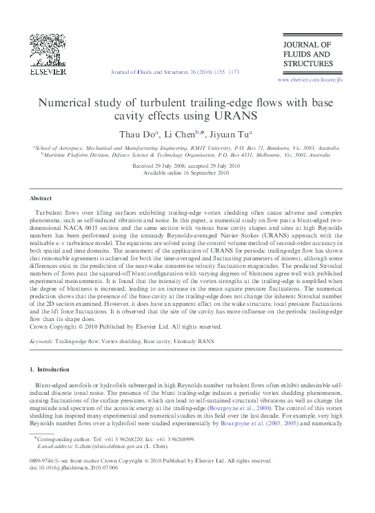 (PDF) Numerical study of turbulent trailing-edge flows with base cavity effects using URANS