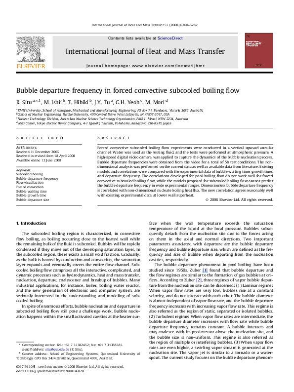 (PDF) Dimensionless analysis of bubble departure frequency in forced convective subcooled ...