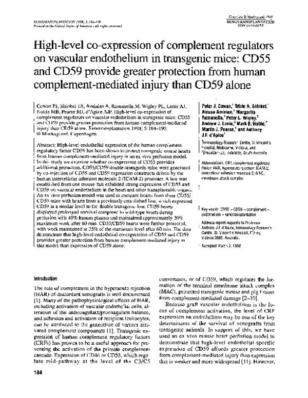 (PDF) High-level co-expression of complement regulators on vascular ...