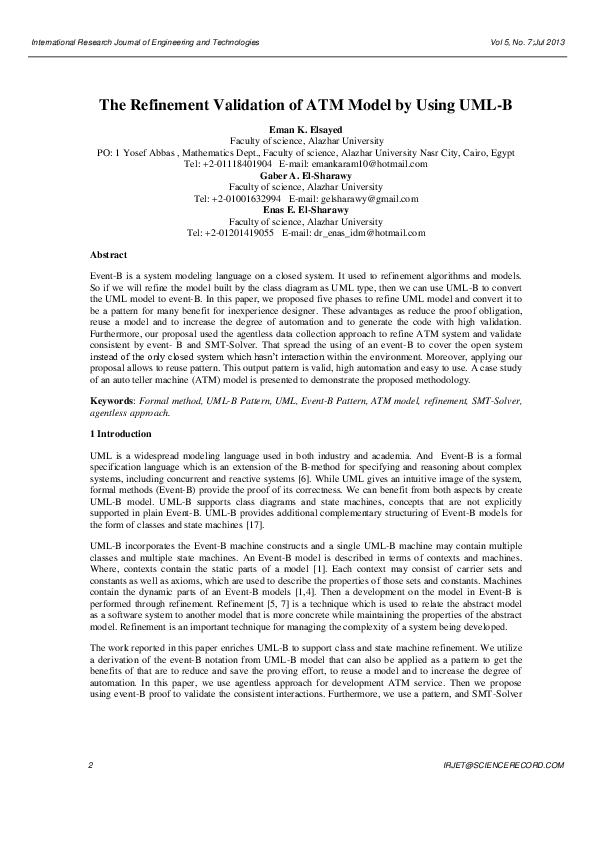 (PDF) The Refinement Validation of ATM Model by Using UML-B | Dr-Enas ElSharawy - Academia.edu