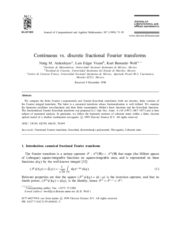 Pdf Continuous Vs Discrete Fractional Fourier Transforms