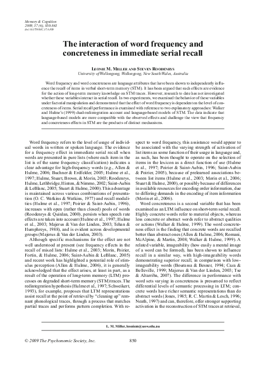 (PDF) The interaction of word frequency and concreteness in immediate serial recall