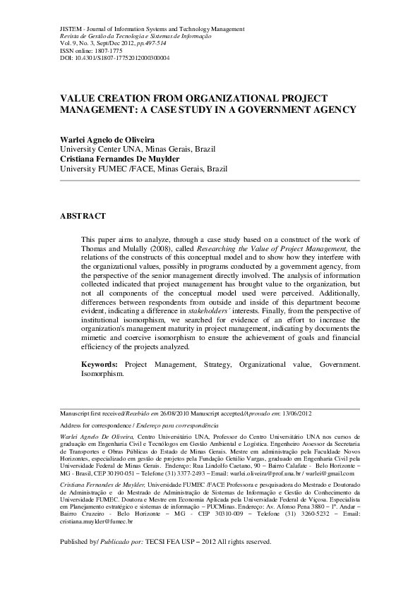 (PDF) VALUE CREATION FROM ORGANIZATIONAL PROJECT MANAGEMENT: A CASE ...