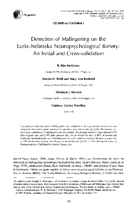 (PDF) Detection of malingering on the Luria-Nebraska neuropsychological ...