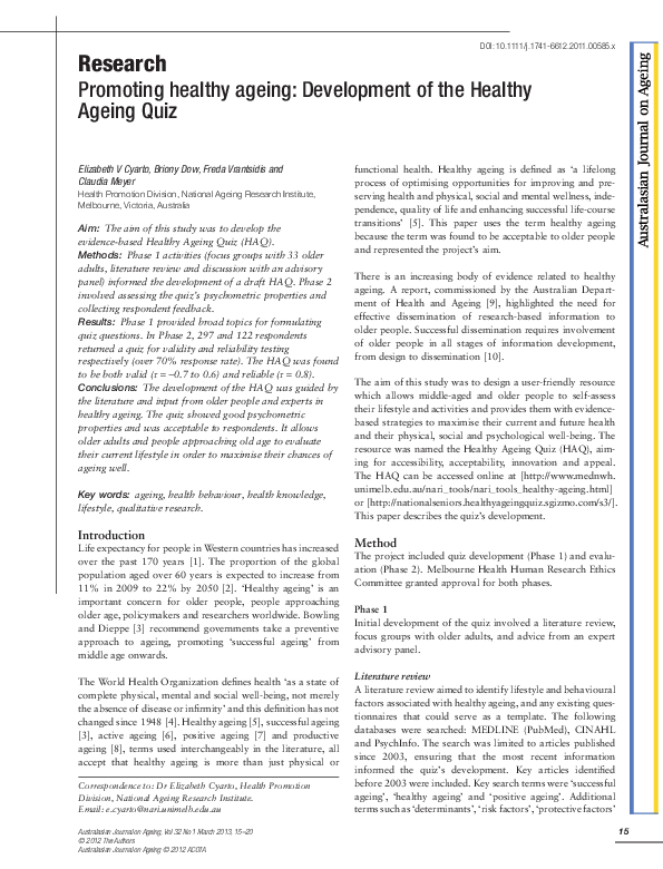 (PDF) Promoting healthy ageing: Development of the Healthy Ageing Quiz