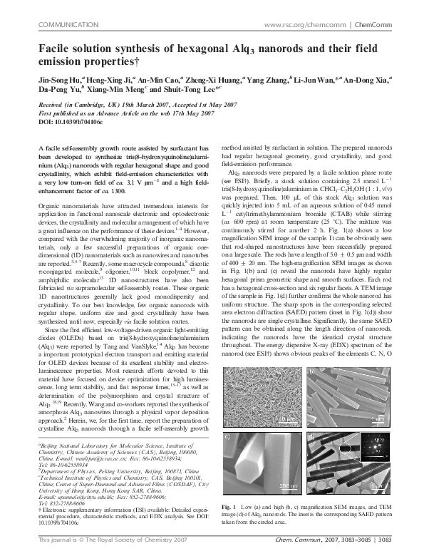 (PDF) Facile solution synthesis of hexagonal Alq3 nanorods and their ...