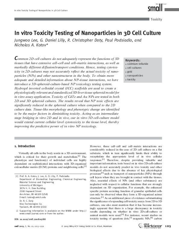 (PDF) In vitro Toxicity Testing of Nanoparticles in 3D Cell Culture