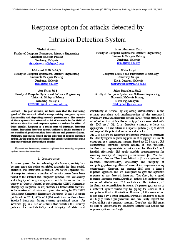 Pdf Response Option For Attacks Detected By Intrusion Detection System
