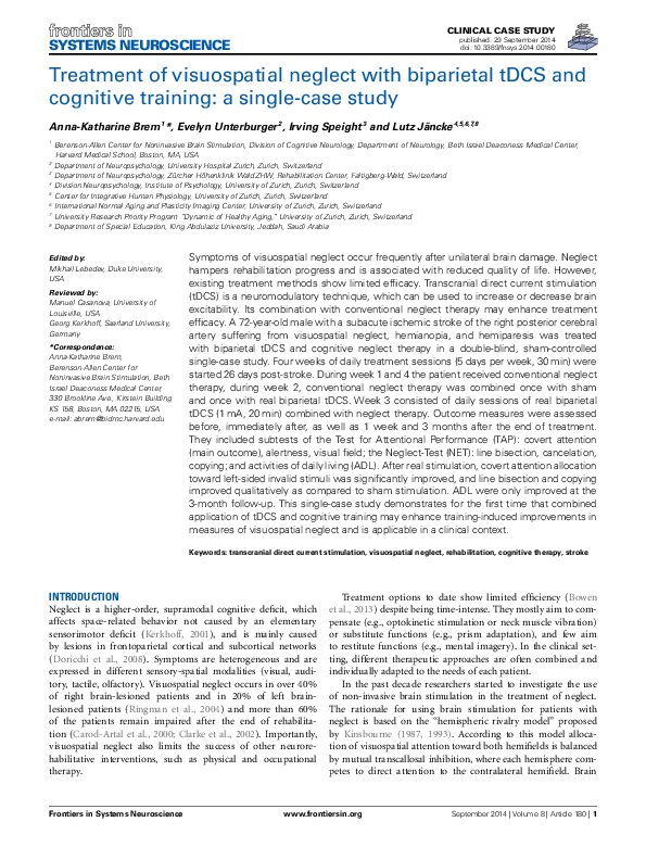 (PDF) Treatment of visuospatial neglect with biparietal tDCS and cognitive training: a single ...
