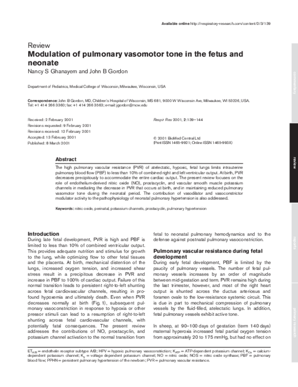 (PDF) Modulation of pulmonary vasomotor tone in the fetus and neonate