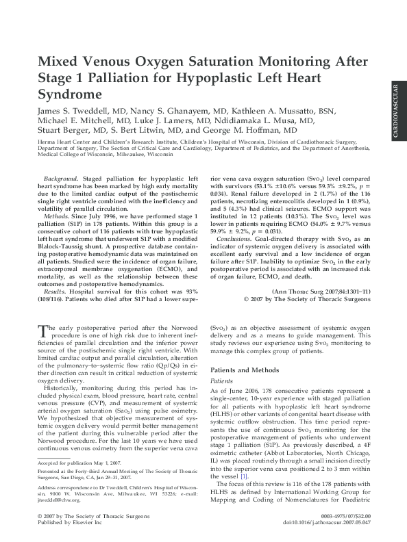 (PDF) Mixed Venous Oxygen Saturation Monitoring After Stage 1 ...