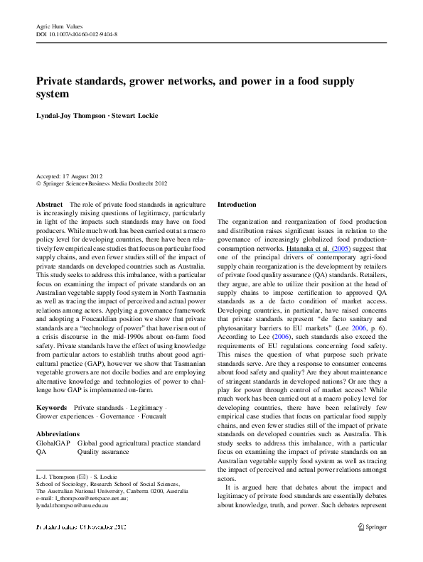(PDF) Private standards, grower networks, and power in a food supply system