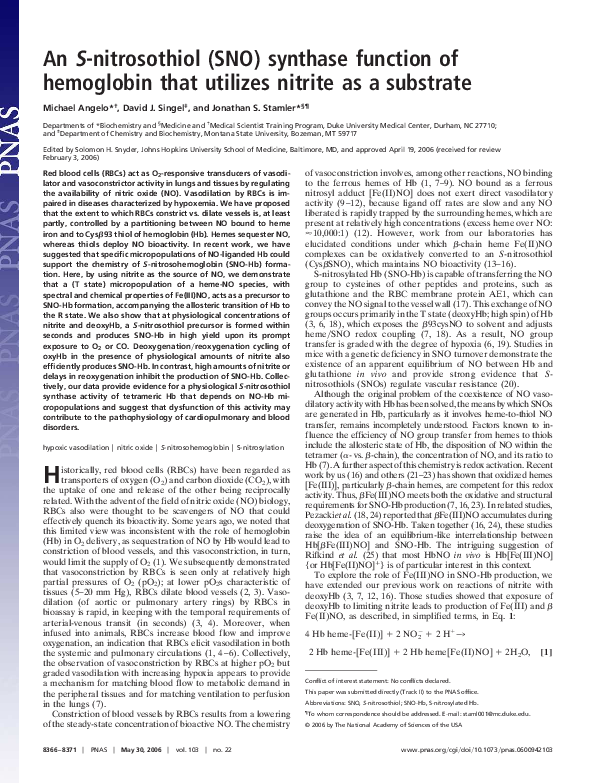 (PDF) An S-nitrosothiol (SNO) synthase function of hemoglobin that ...