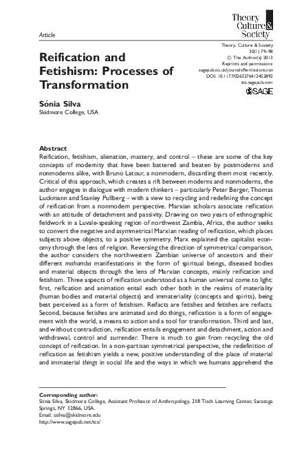 (PDF) Reification and Fetishism: Processes of Transformation