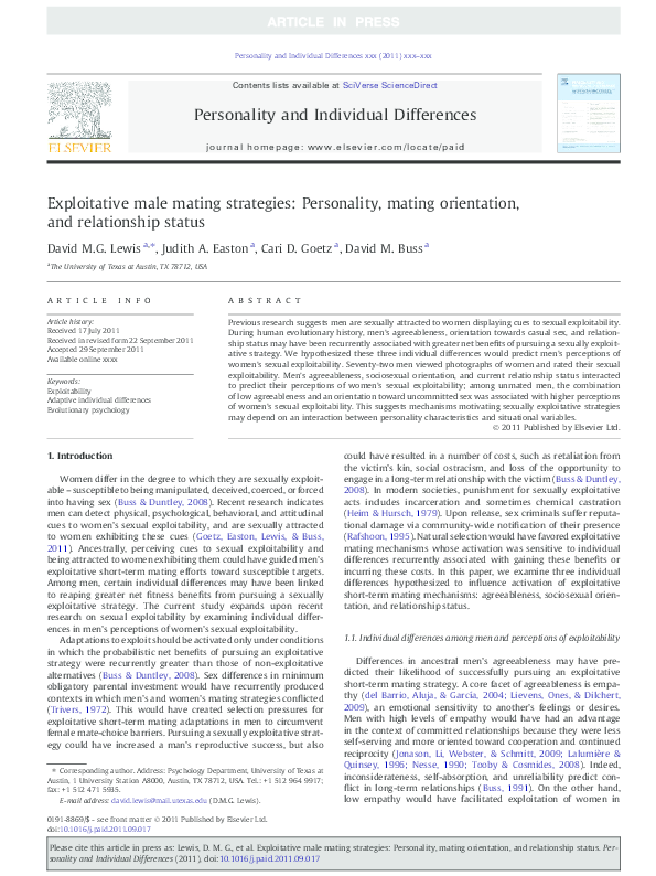 (PDF) Exploitative male mating strategies: Personality, mating ...