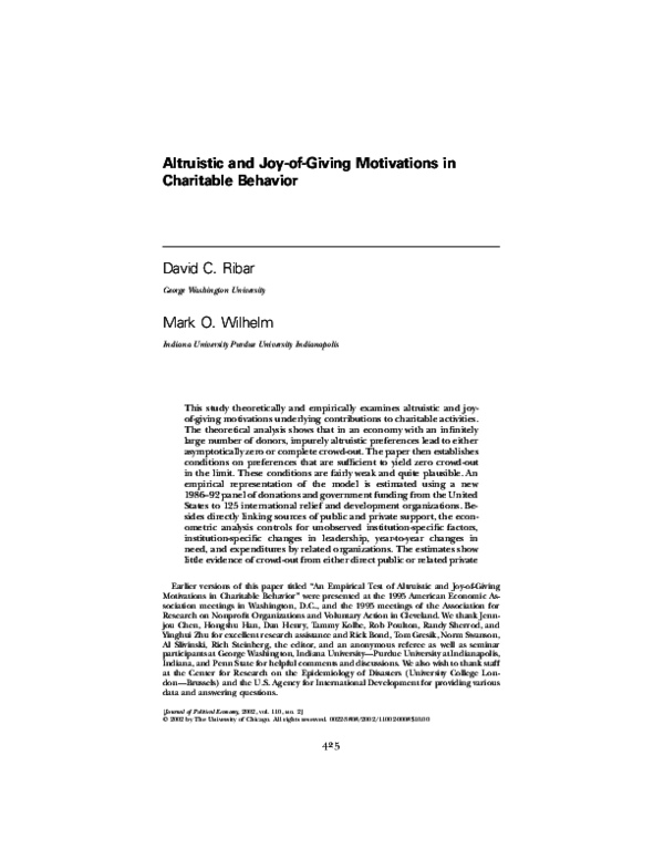 (PDF) Altruistic and Joy-of-Giving Motivations in Charitable Behavior
