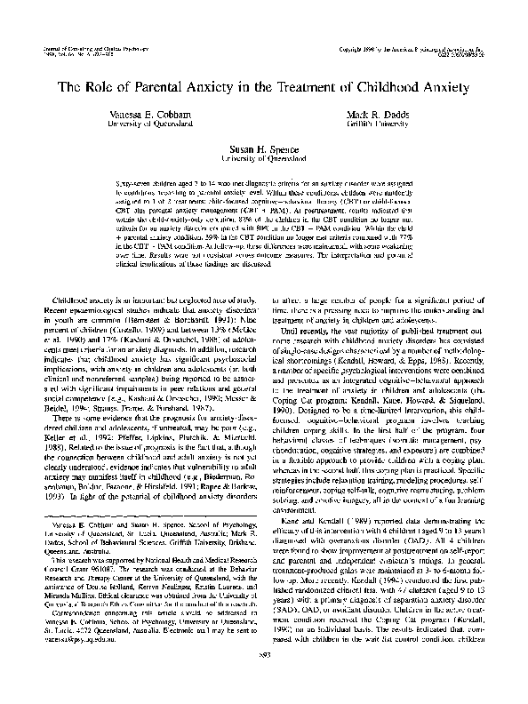 Pdf The Role Of Parental Anxiety In The Treatment Of Childhood Anxiety